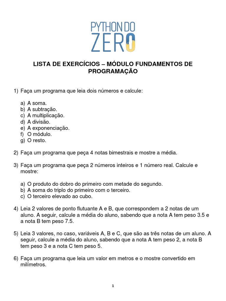 1 - Lista de Exercícios - Fundamentos de Programação | PDF