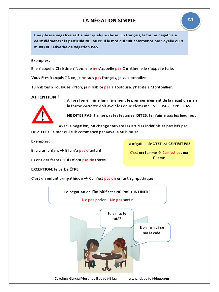 Négation simple en français A1 | PDF | Arts du langage et discipline ...