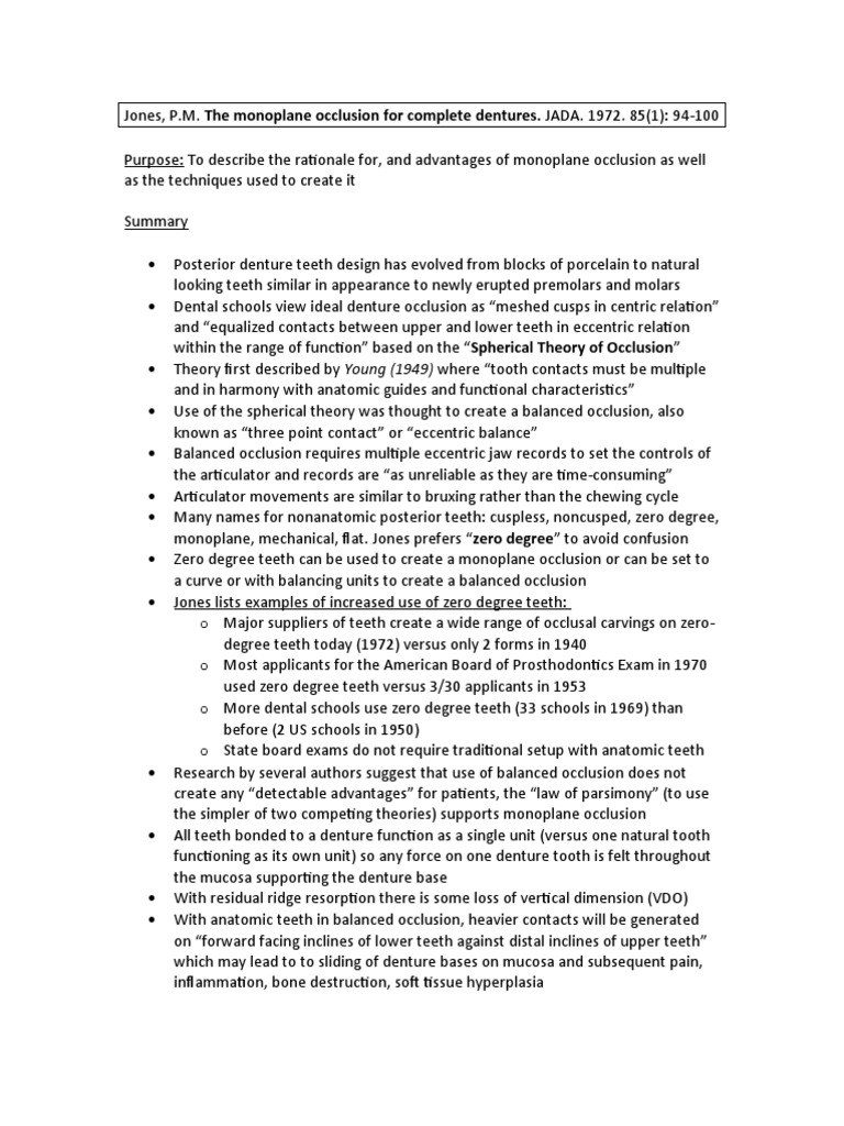Monoplane Occlusion Summary Review | PDF | Dentures | Tooth