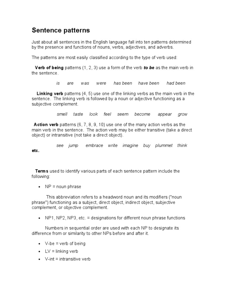 Sentence Patterns | PDF | Verb | Object (Grammar)