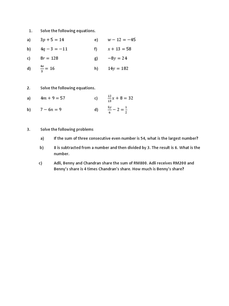 Grade 7 Linear Equations Exercises | PDF