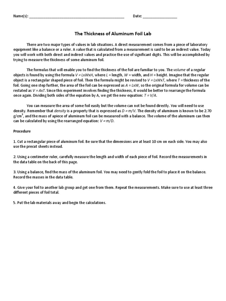 Thickness of Alum. Foil Lab | PDF | Density | Volume
