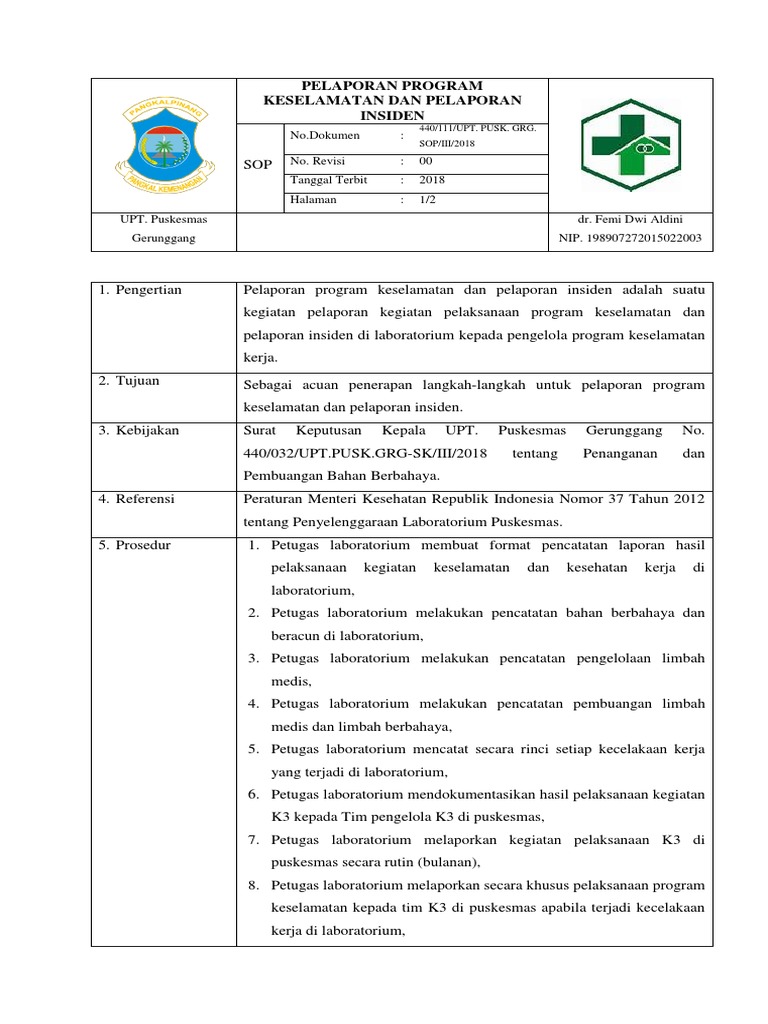 Sop Pelaporan Program Keselamatan Dan Keamanan Laboratorium | PDF