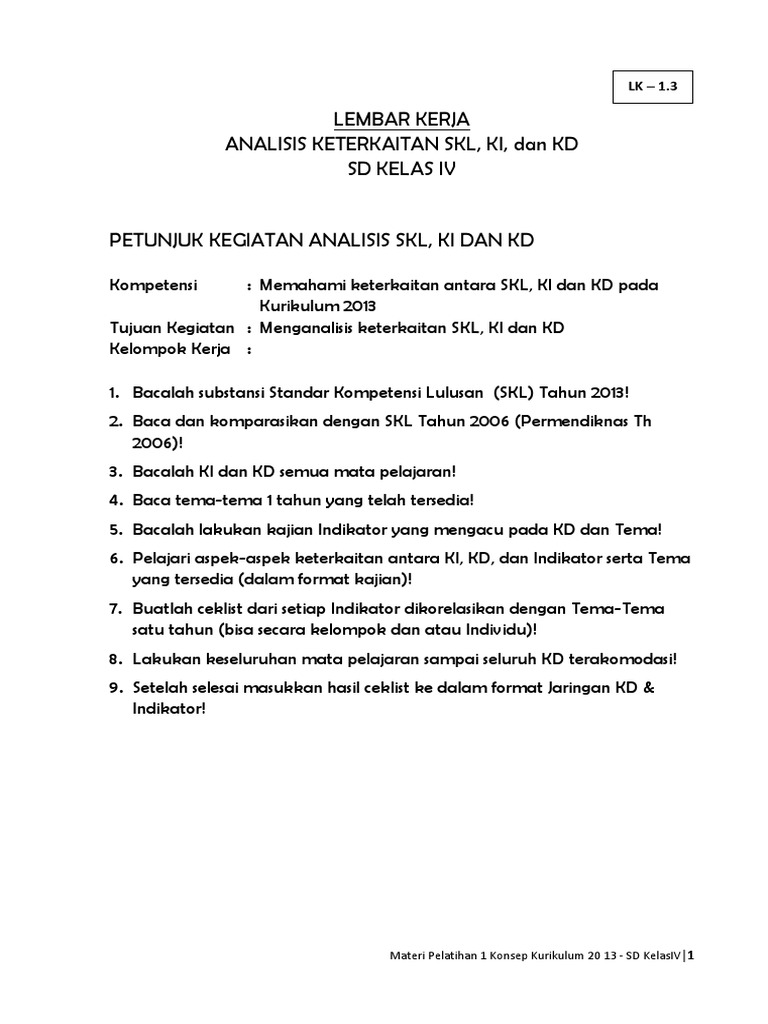 LK - 1.3 Kelas IV Analisis Keterkaitan SKL, KI Dan KD | PDF