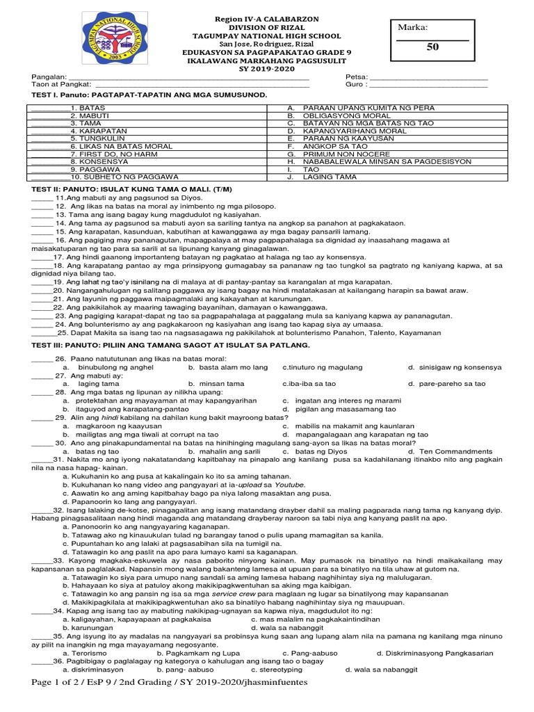 EsP 2nd Periodical Tests Grade 9 | PDF
