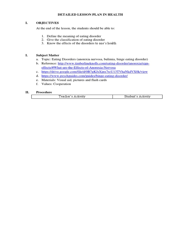 Detailed Lesson Plan in Health | PDF | Binge Eating Disorder | Eating ...