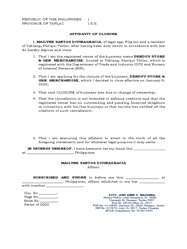affidavit of closure due to change of ownership | Legal Communication ...