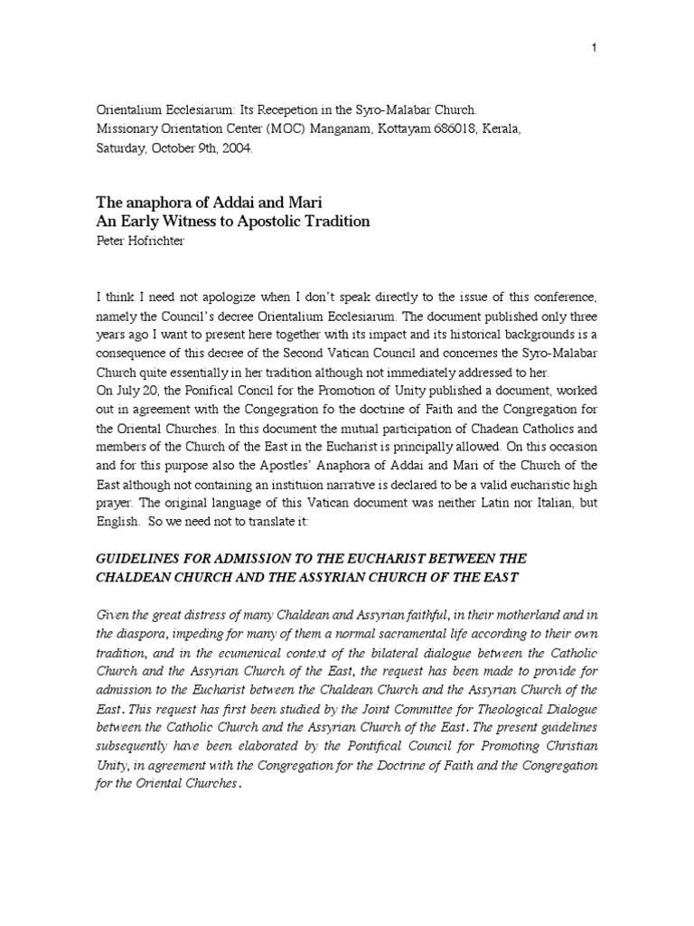 The Anaphora of Addai and Mari. An Early PDF | PDF | Assyrian Church Of ...