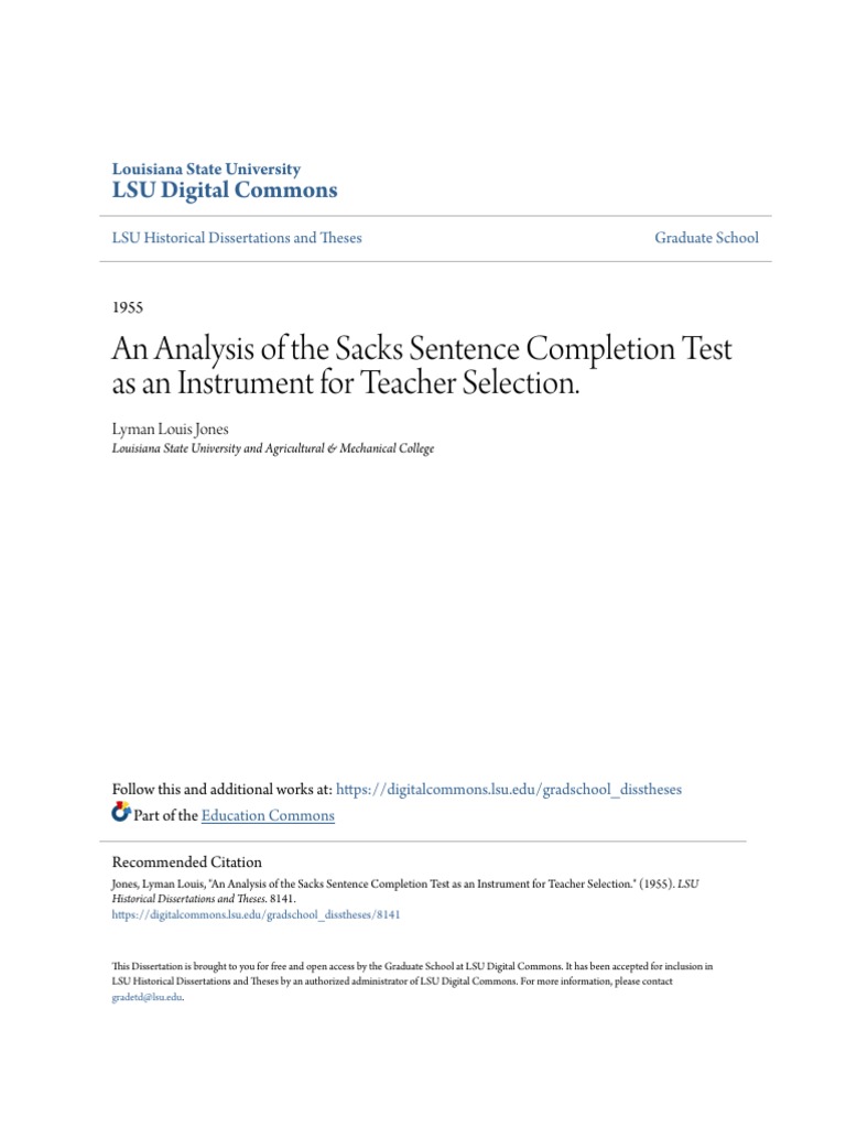 An Analysis of The Sacks Sentence Completion Test As An Instrumen PDF ...