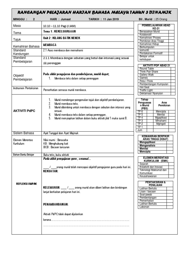 Contoh RPH BM2 21 Jan | PDF