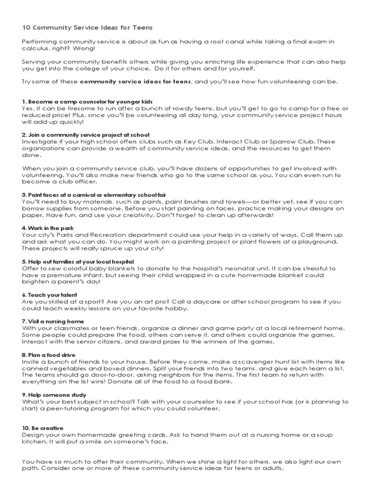 10 Community Service Ideas For Teens | PDF | Wellness