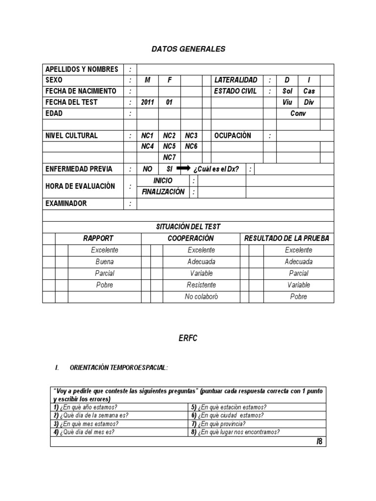 ERFC - Evaluacion de Las Funciones Rapidas Cognitivas PDF | PDF | Cognición