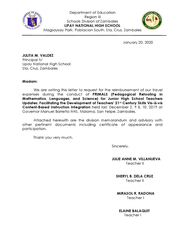 Request Letter For Reimbursement | PDF