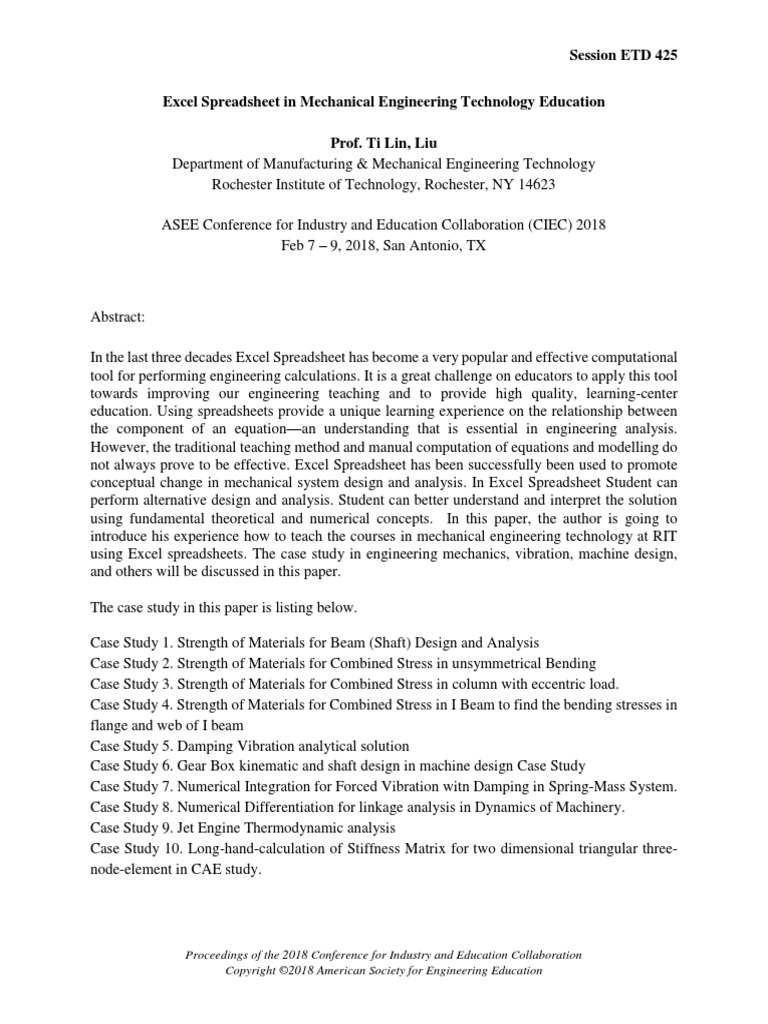 Excel Spreadsheet in Mechanical Engineering | Download Free PDF ...