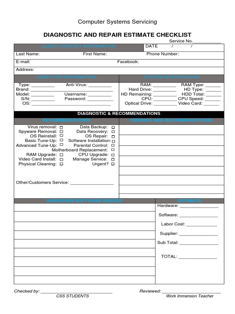 COMPUTER DIAGNOSTIC Checklist | PDF