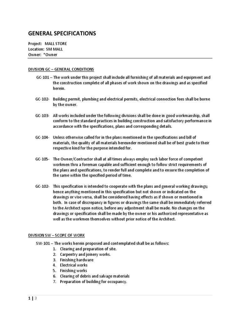 Specifications For Free Standing Mall Store | PDF | Plaster | Drywall