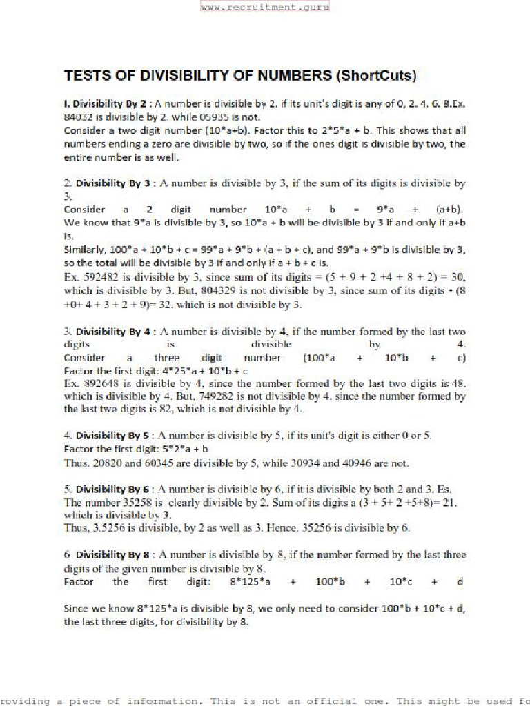 Test of Divisibility of Numbers PDF | PDF