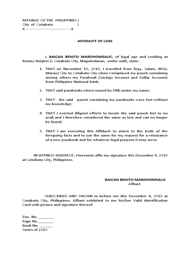 Sample Affidavit of Loss | PDF