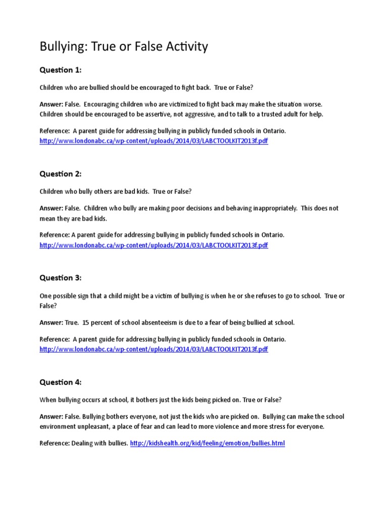 Cypt CHT Bullying True and False Activity V1en | PDF | Bullying ...