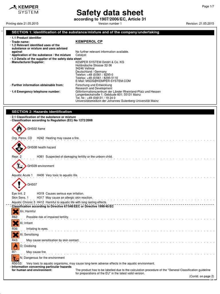 MSDS Kemperol CP (En) | PDF | Toxicity | Dangerous Goods