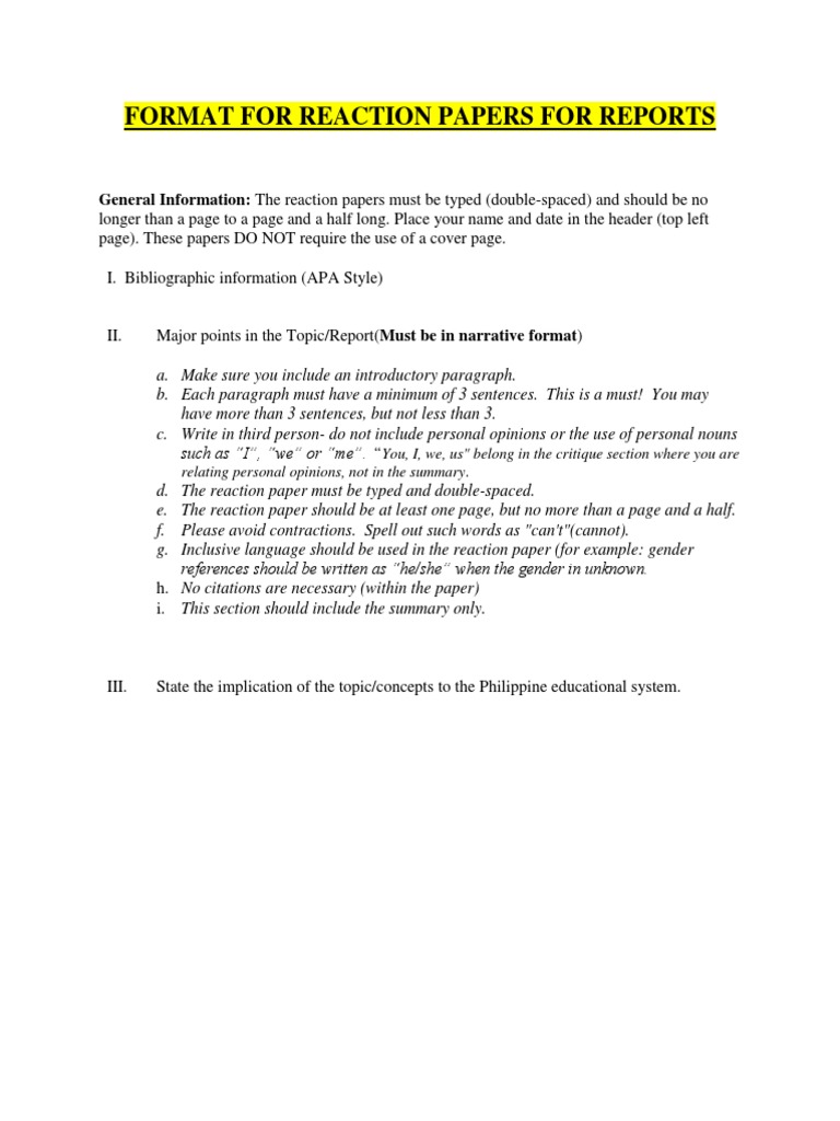 FORMAT FOR REACTION PAPER For Reports | PDF