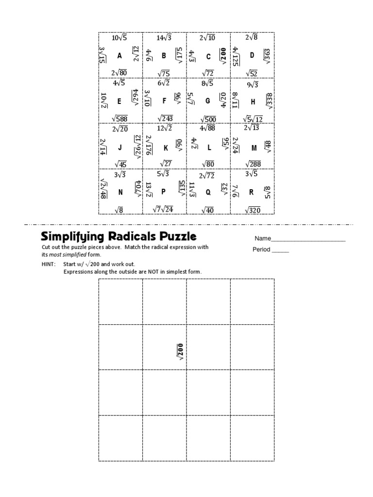 Algebra 1 Simplify Radicals Puzzle | PDF | Algebra | Teaching Mathematics