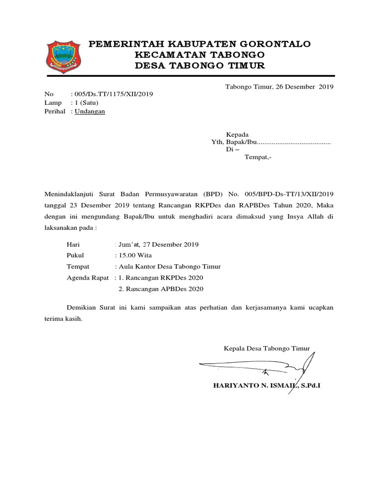 Undangan Rapat Penetapan RKPDes 2020 | PDF