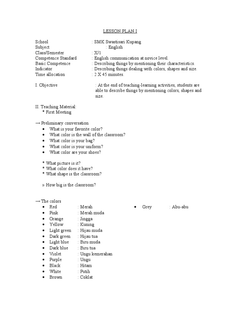 LESSON PLAN I Describing Things | PDF | Color | Graphic Design