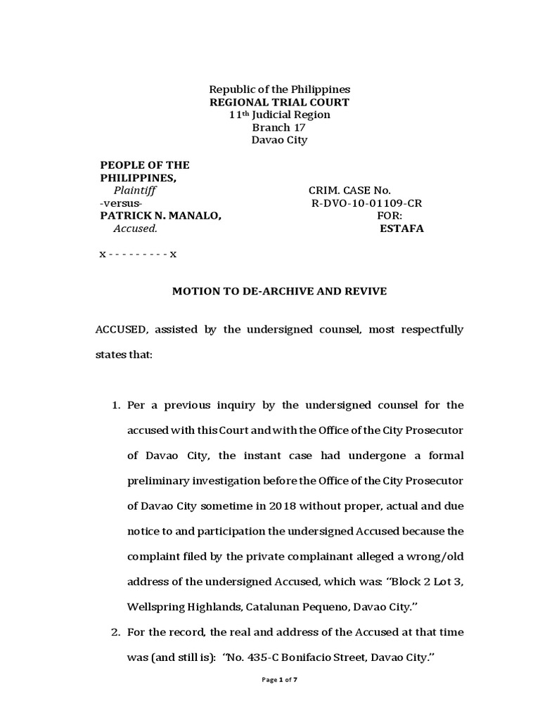 Motion To De-Archive and Revive | PDF | Bail | Prosecutor