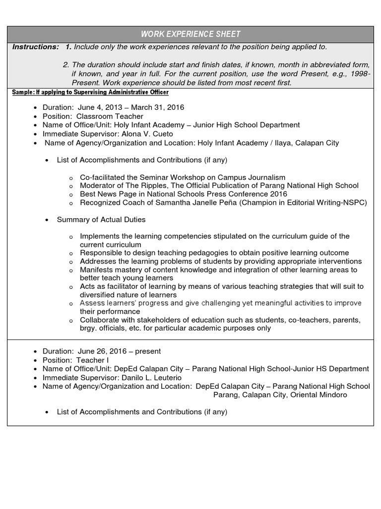 Work Experience Sheet for Teachers | PDF | Learning | Curriculum