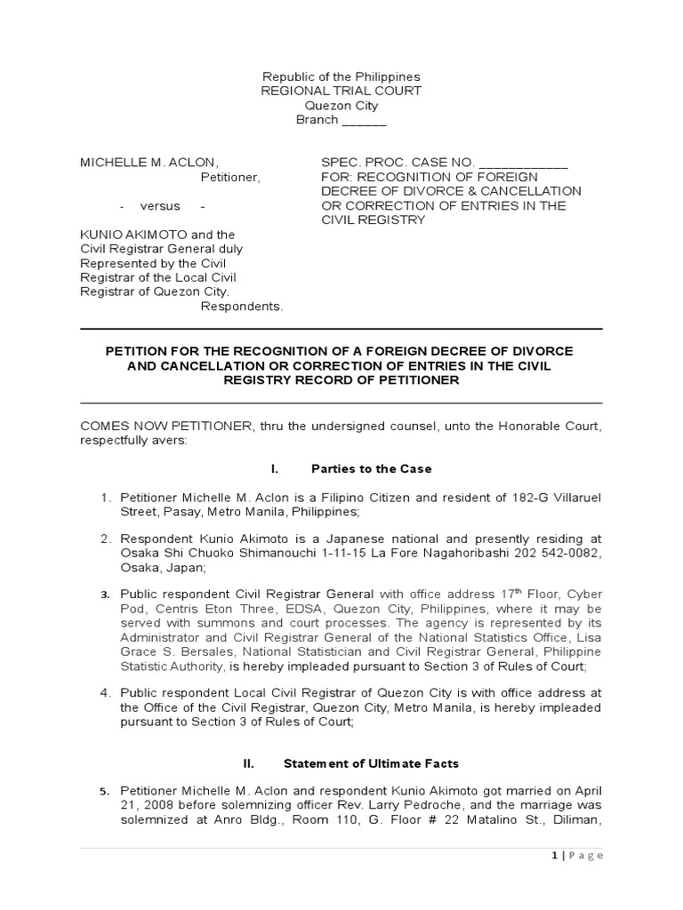 Petition For Recognition Sample | PDF | Marriage | Divorce