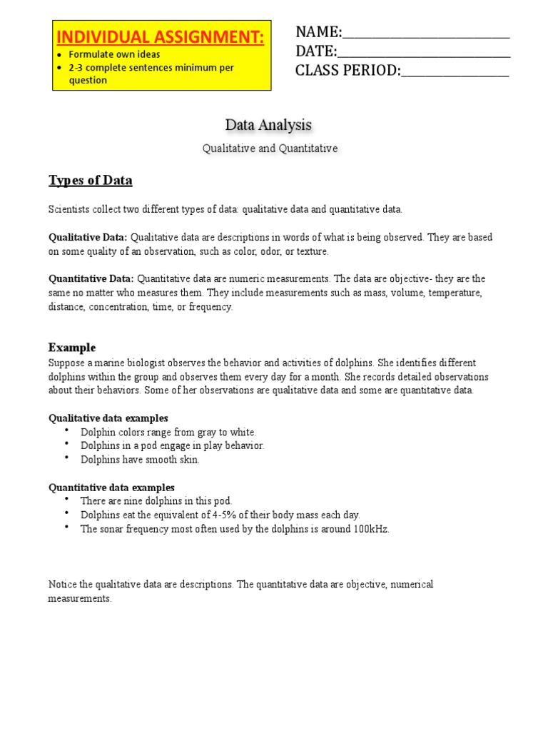 Qualitative and Quantitative Data Individual Worksheet PDF | PDF