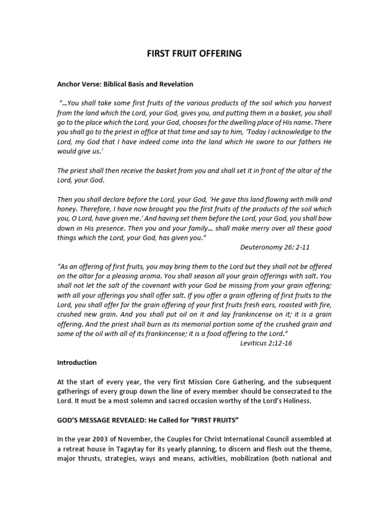 First Fruits Outline and Procedure | PDF | Altar | Consecration