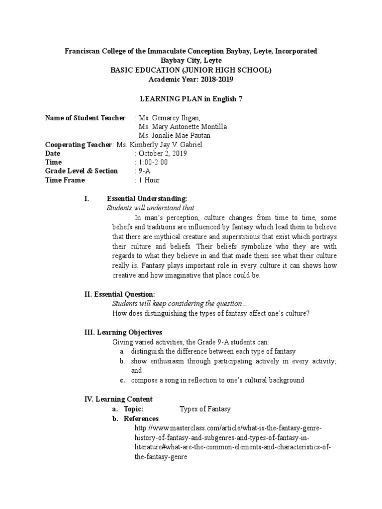 Lesson Plan - Docx 3i's | PDF | Fantasy | Psychological Concepts