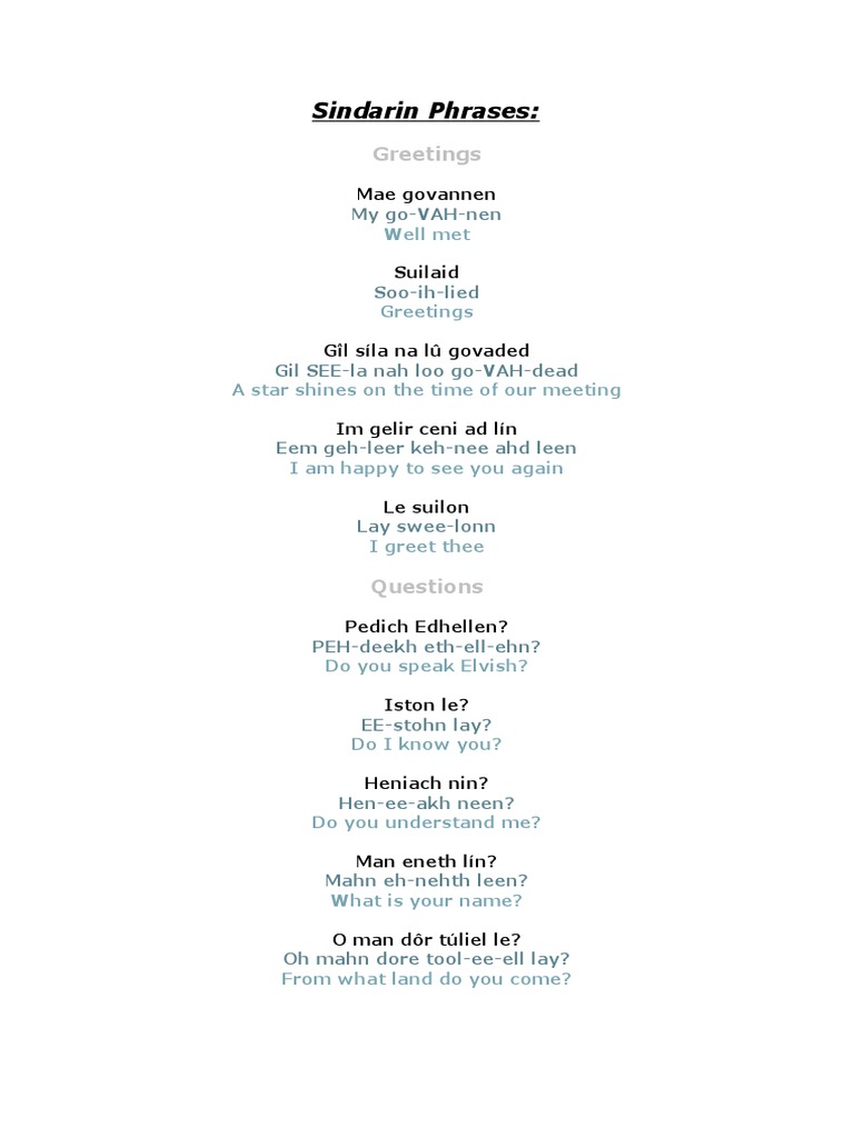 Sindarin Phrases | PDF | Middle Earth