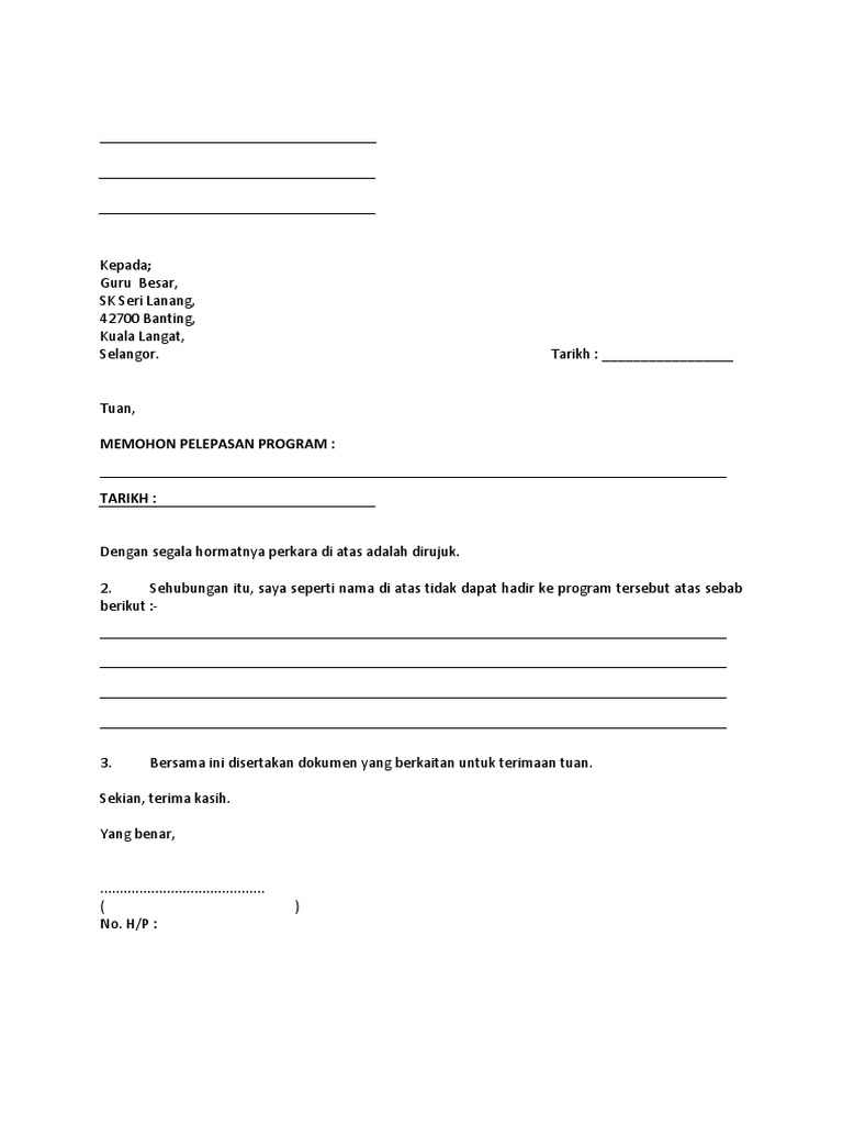 Surat Pelepasan Program - Aktiviti Sekolah | PDF