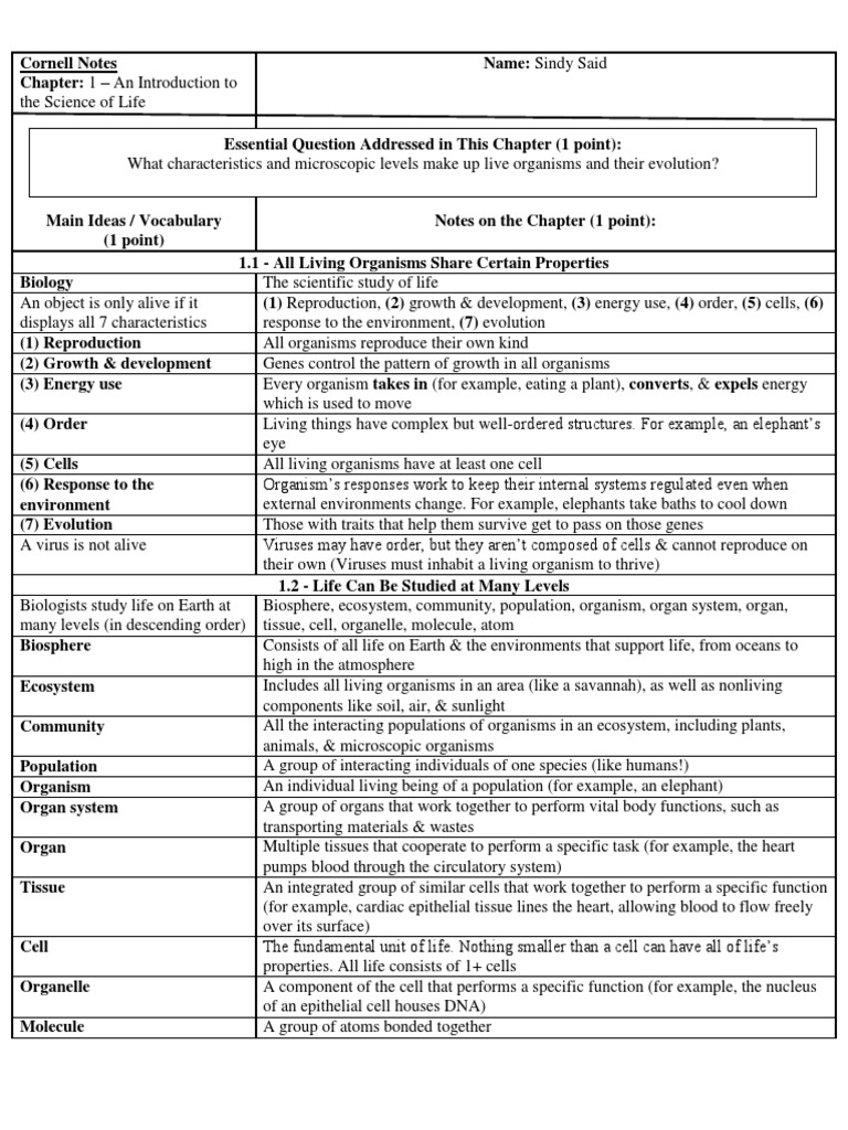 Chapter 1 Cornell Notes | PDF | Cell (Biology) | Evolution