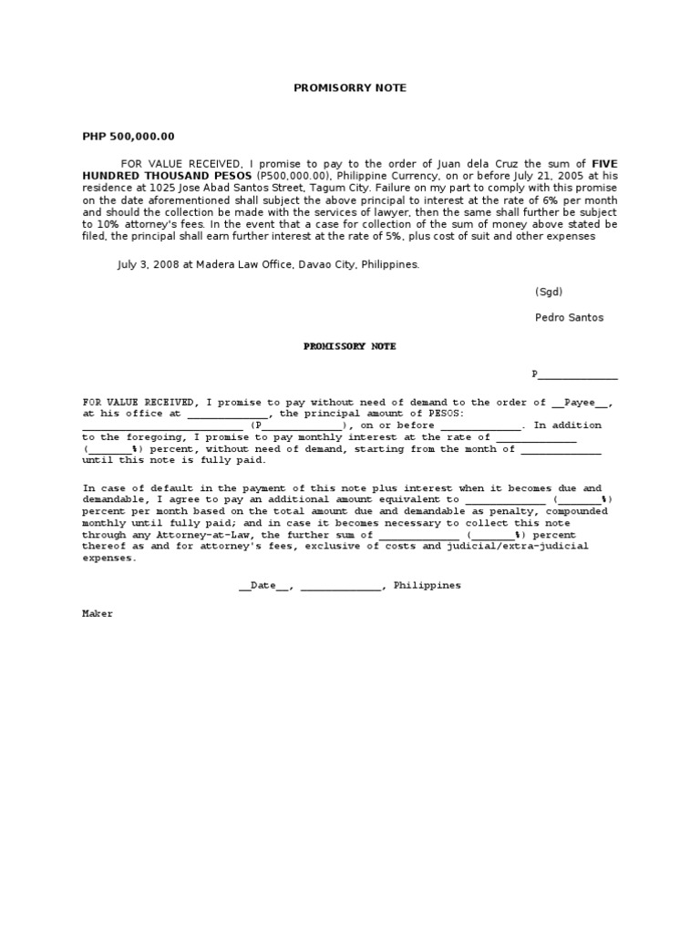 Promissory Note for PHP 500,000 | PDF | Promissory Note | Interest