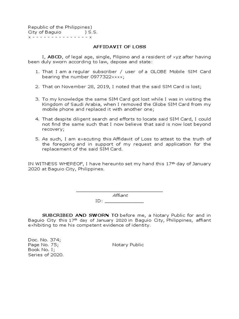 Affidavit of Loss SIM Card Sample | PDF
