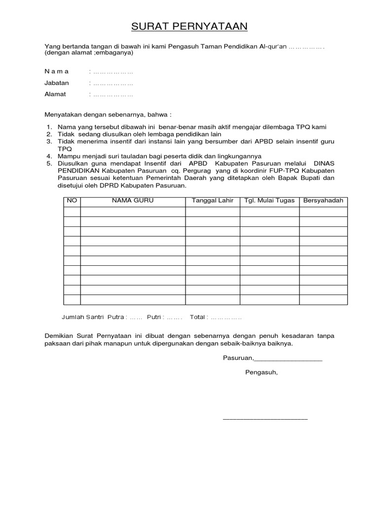 SURAT PERNYATAAN TPQ Bangil | PDF