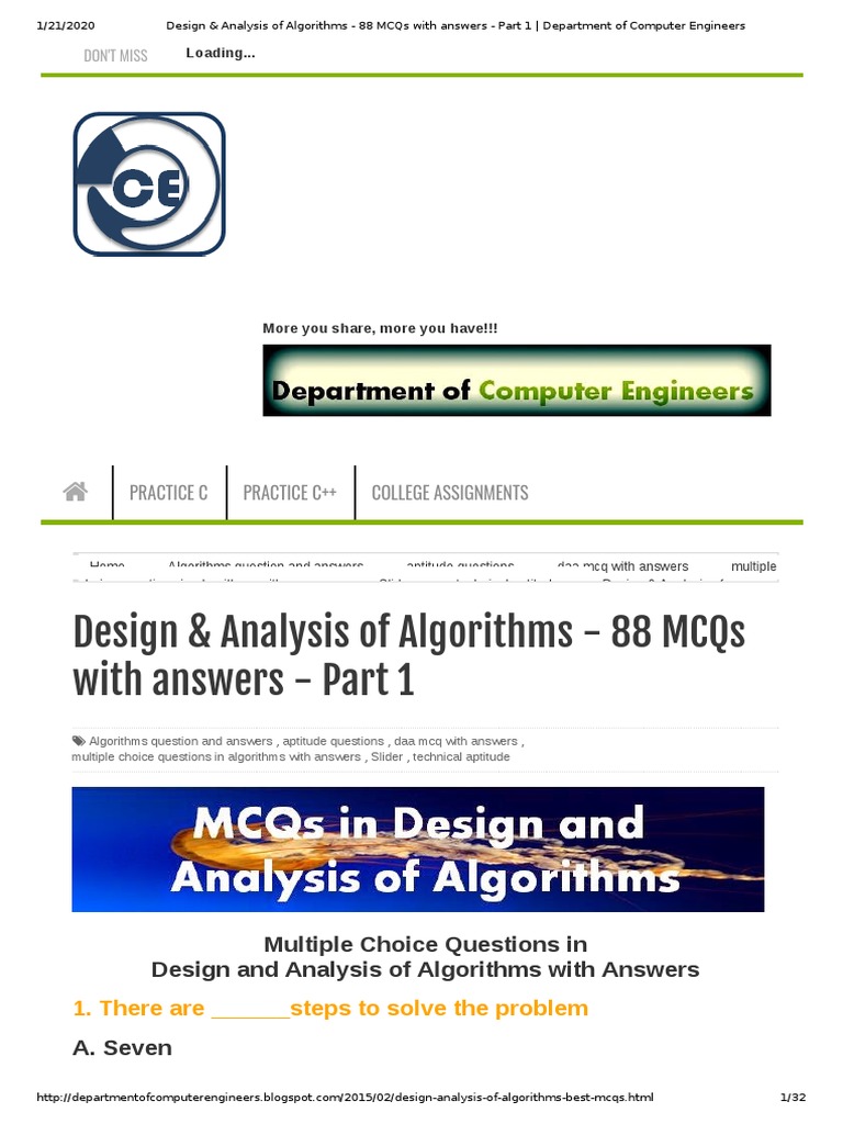 Design & Analysis of Algorithms - 88 MCQs With Answers - Part 1 - Department of Computer ...