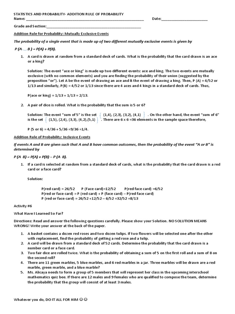Addition Rule of Probability Explained | PDF | Probability ...