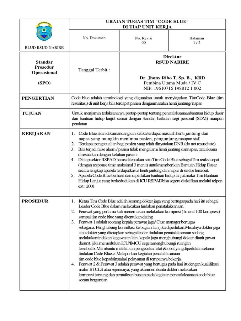 Uraian Tugas Tim "Code Blue" | PDF