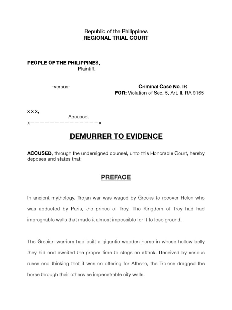 Sample Demurrer To Evidence | PDF | Witness | Burden Of Proof (Law)