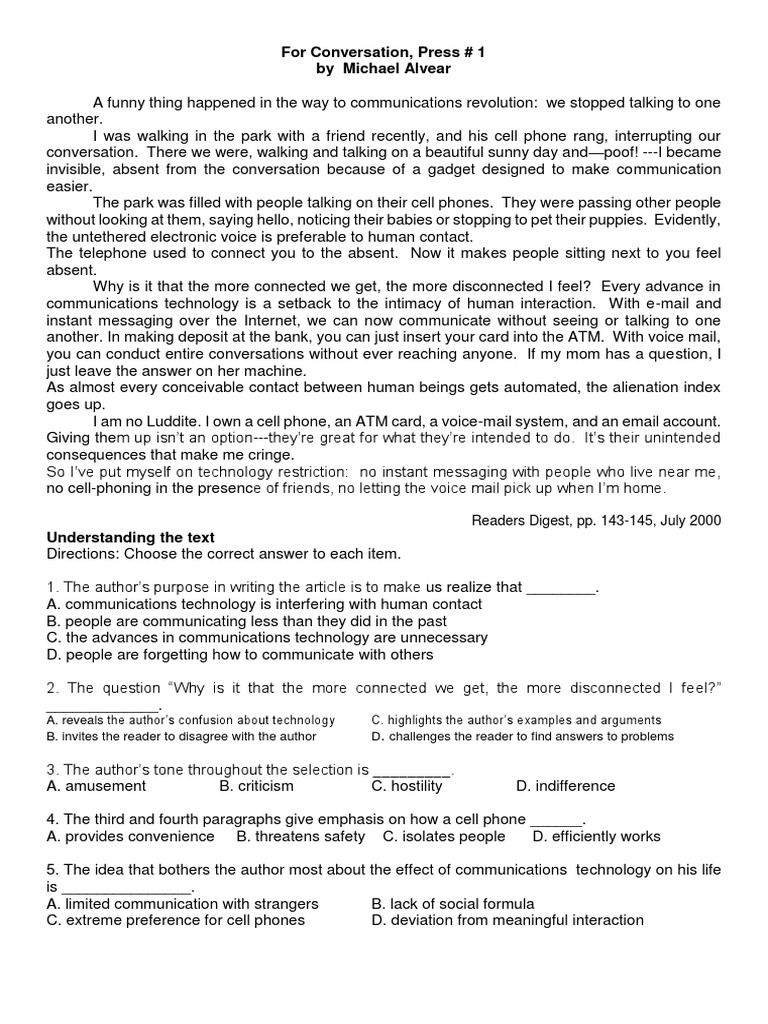 For Conversation Eng.9 Reading Comprehension Handout | PDF | Voicemail ...