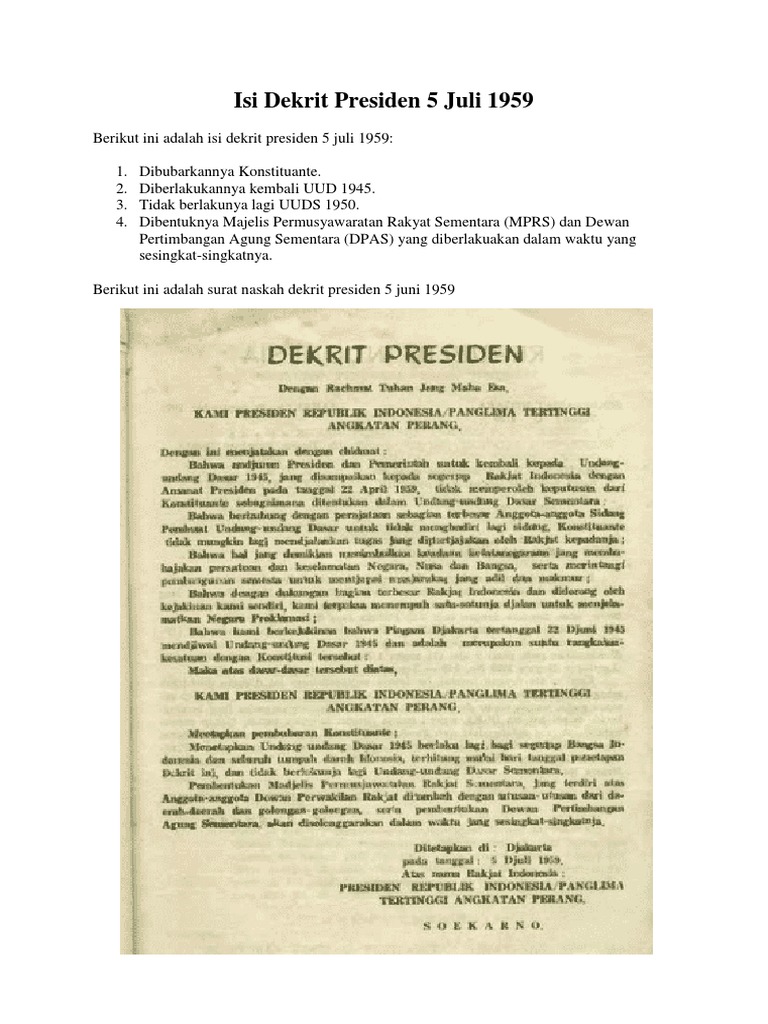 Isi Dekrit Presiden 5 Juli 1959 | PDF