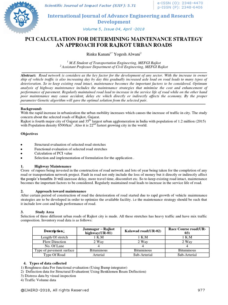 PCI Calculation For Determining Maintenance Strategy An Approach For ...