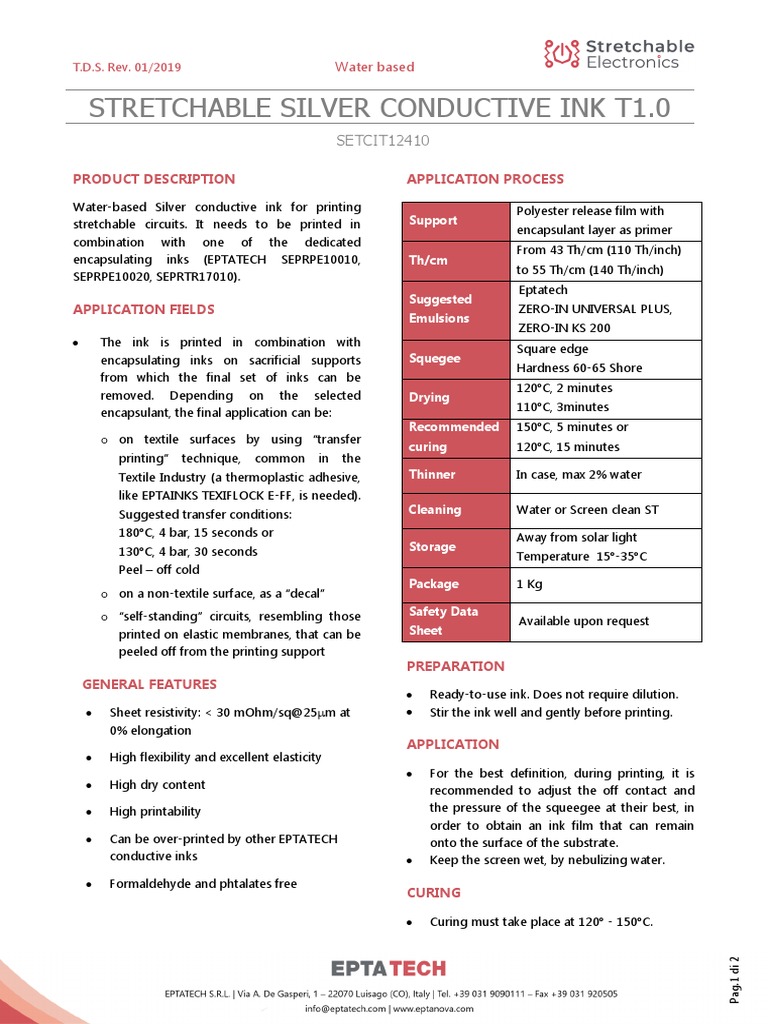 Tds - Stretchable - Conductive - Ink - Setcit12410 - Eng - 0 Eptanova | PDF | Ink | Water