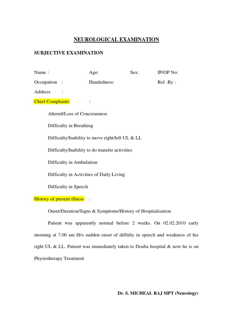 Neurological Examination Form of Michael Sir PDF | PDF | Anatomical ...