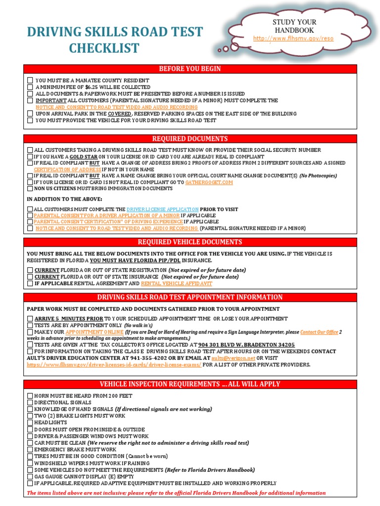 Manatee County Driving Test Checklist | PDF | Traffic | Pedestrian Crossing